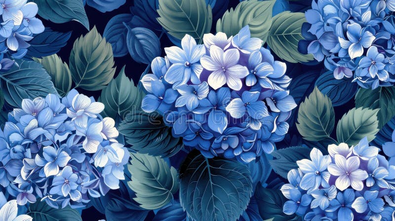 Blue Hydrangeas with Lush Green Leaves in a Detailed Botanical Pattern ...