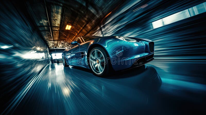 Blue Hypercar Moves at High Speed in a Tunnel Stock Illustration ...