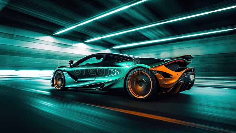 Green Hypercar Moves at High Speed in a Tunnel Stock Illustration ...