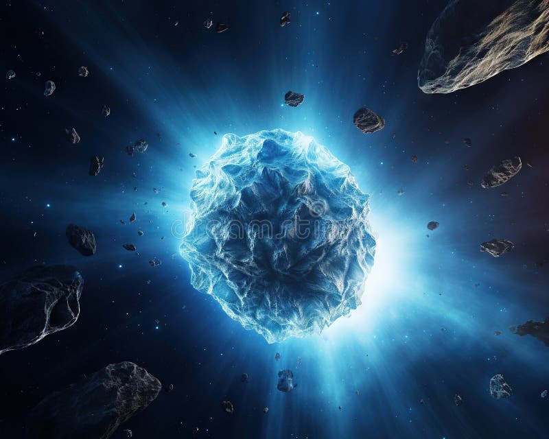 The Blue Ice Asteroid is Flying in Outer Space with a Sunray in the Center. Stock Illustration ...