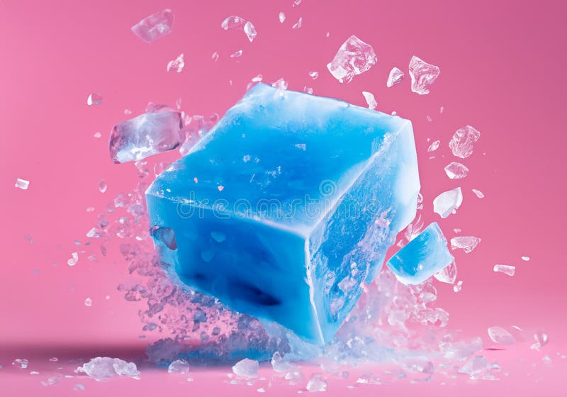 Blue Ice Block Exploding into Shards on Pink Pastel Background Stock ...