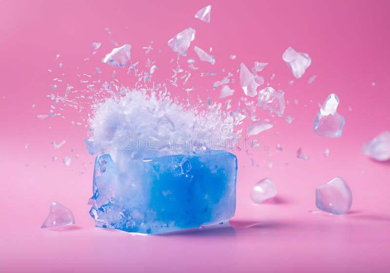 Blue Ice Block Exploding into Shards on Pink Pastel Background Stock ...