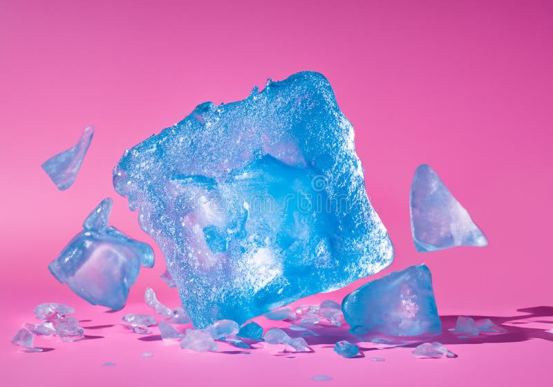 Blue Ice Block Exploding into Shards on Pink Pastel Background Stock ...