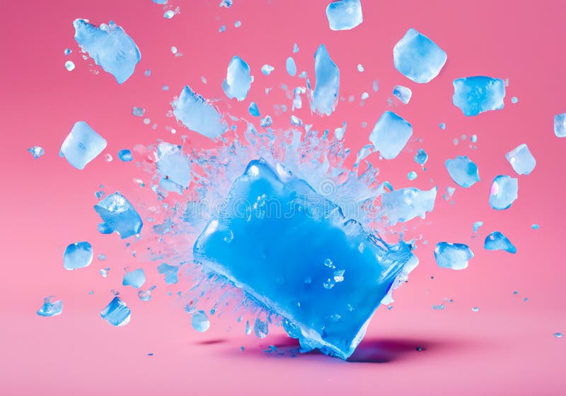 Blue Ice Block Exploding into Shards on Pink Pastel Background Stock ...