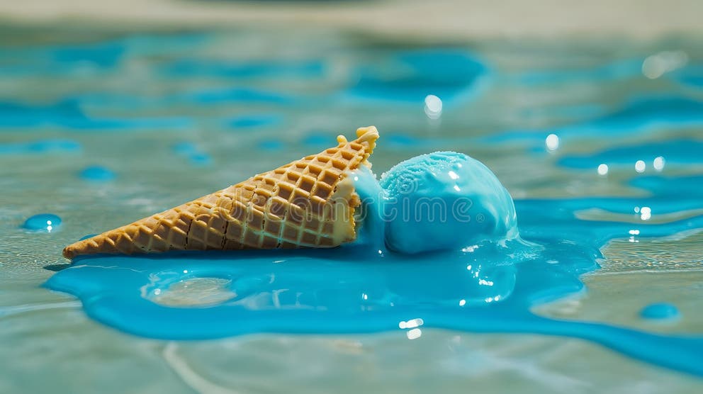Blue Ice Cream Cone Fallen on Its Side with Melting Ice Cream Creating ...
