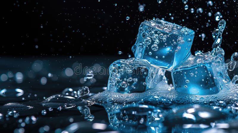 Blue Ice Cubes Melting Against a Sleek Black Background, Creating a ...