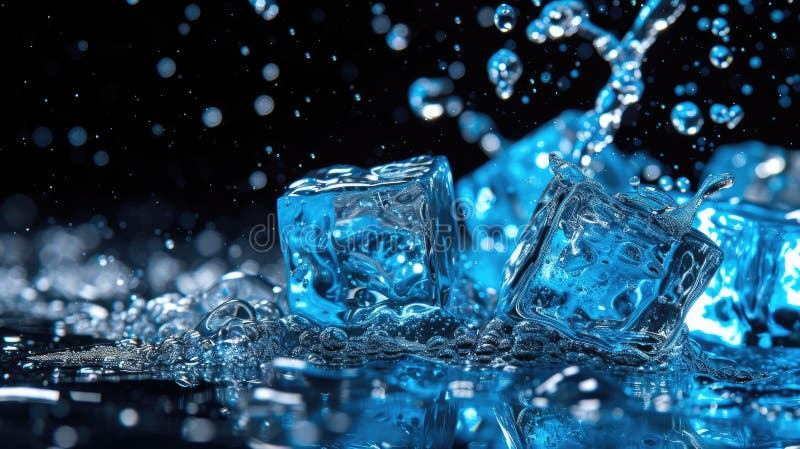 Blue Ice Cubes Melting Against a Sleek Black Background, Creating a ...