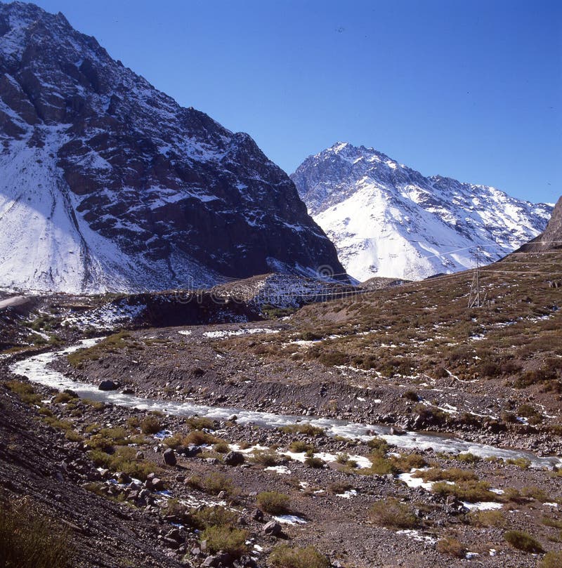 Blue Ice-free River Flows in a Snow-covered Valley. Thawed Ice Floes ...
