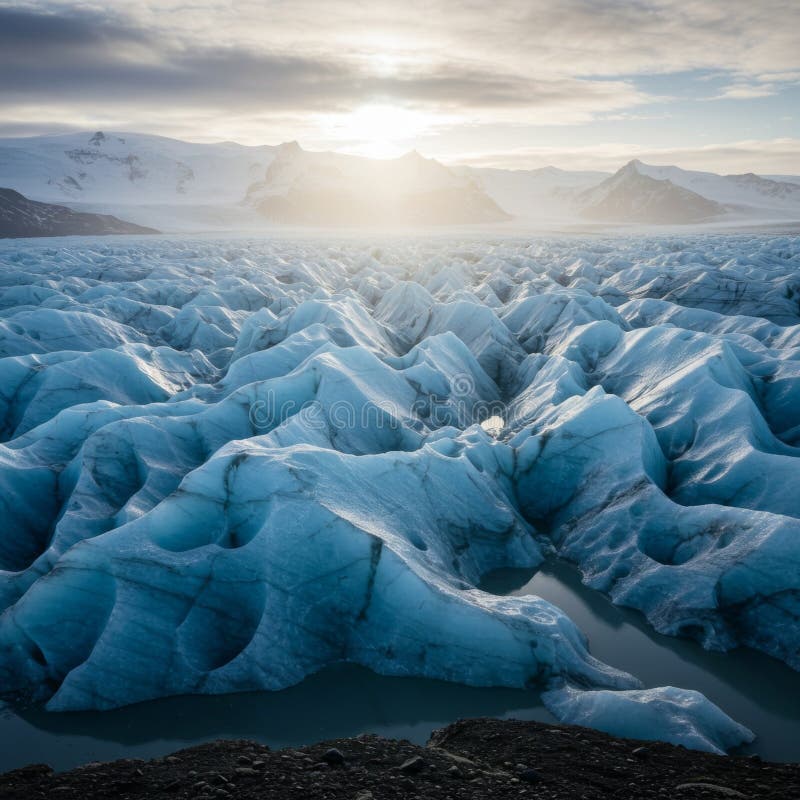 Blue Ice Glacier Landscape at Sunset Stock Illustration - Illustration ...