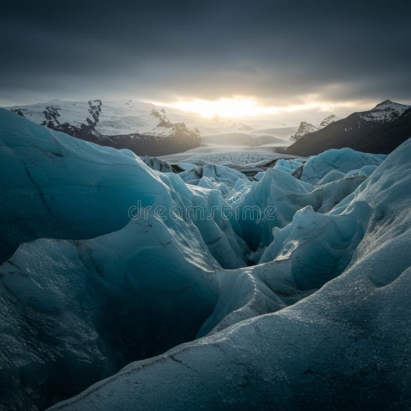 Blue Ice Glacier at Sunset in Iceland Stock Illustration - Illustration ...