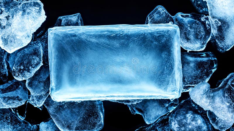 A Blue Ice Square is Surrounded by Ice Cubes on Black Background Stock ...