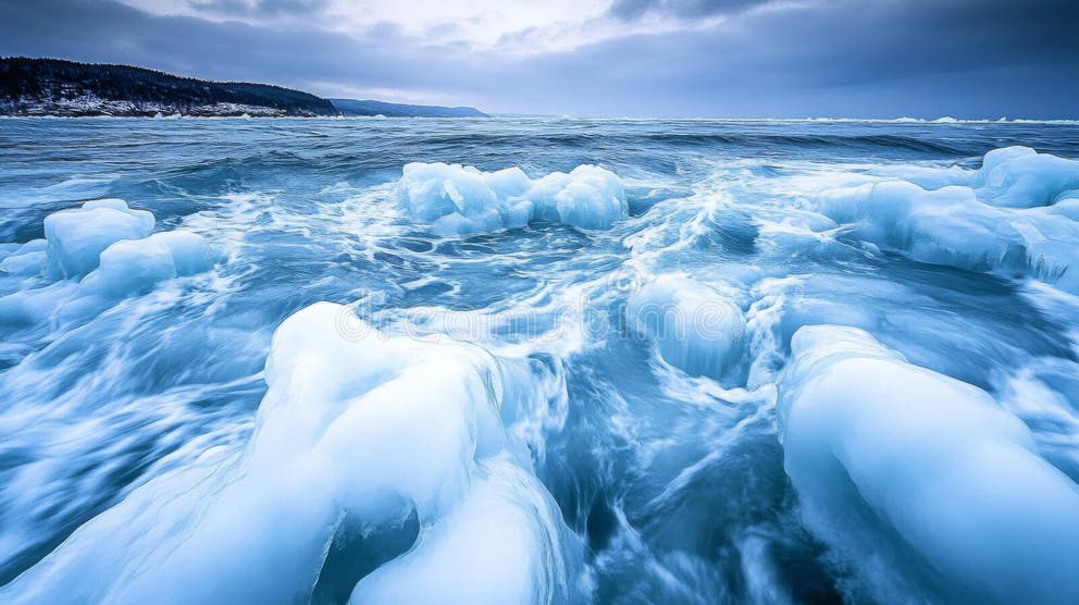 Blue Icy Ocean Waves with Floating Ice Blocks Stock Illustration ...