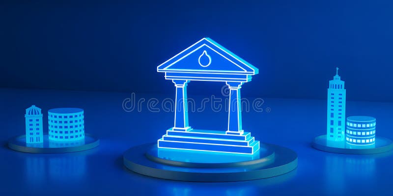 Blue Illuminated Architectural Models of a Bank and City Buildings on ...