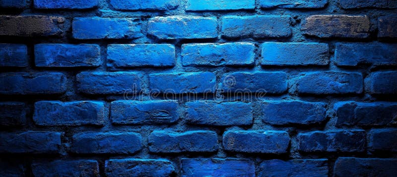 Blue Illuminated Brick Wall Background. Textured Background with a Spot ...