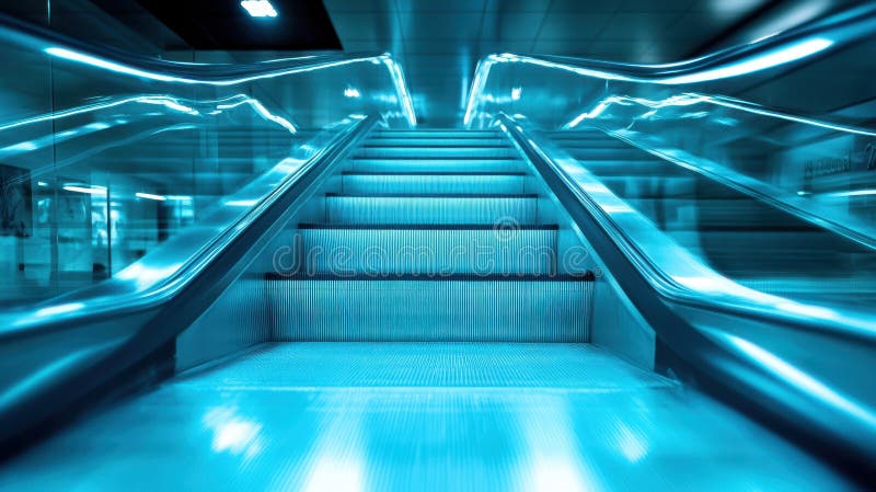 A Blue Illuminated Escalator Ascends within a Modern Subway Station ...
