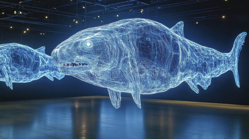 Blue Illuminated Fish Sculptures Reflecting on Dark Surface Stock ...