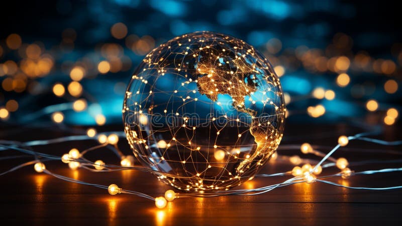 Blue Illuminated Globe Placed Atop a Metallic Surface, AI-generated ...