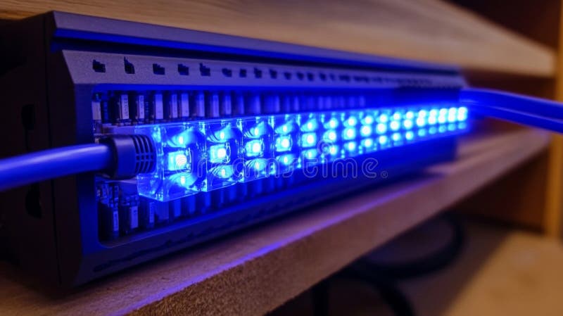 Blue Illuminated Network Server with Cables Stock Illustration ...