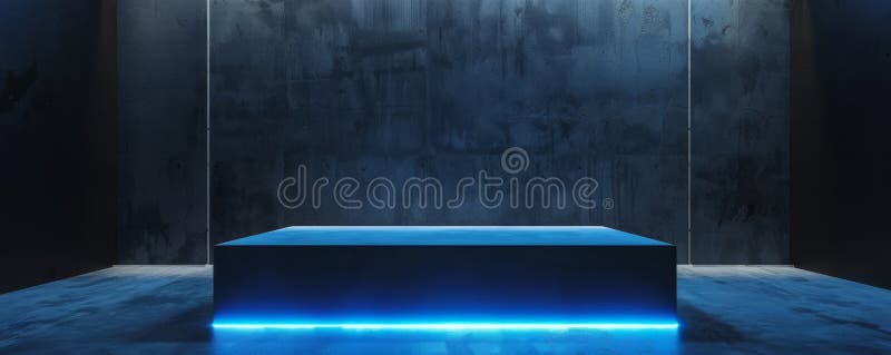 Blue Illuminated Platform in a Dark Industrial Space with Minimalist ...