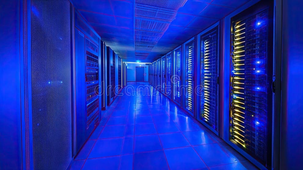 Blue Illuminated Server Room Corridor Stock Illustration - Illustration ...