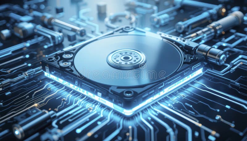 Blue Illuminated Storage Device on Circuit Board High Tech Digital ...