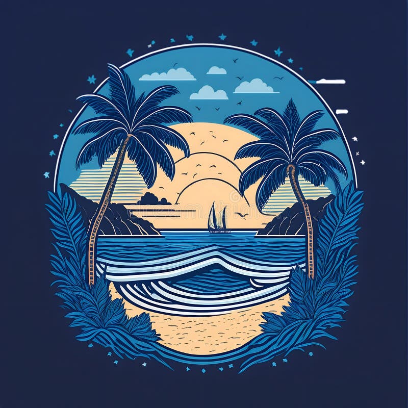 Blue Illustrated Beach Paradise Tshirt Stock Illustration ...