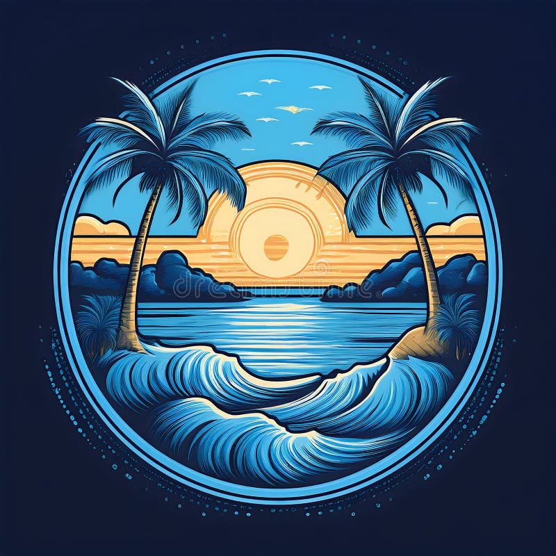 Blue Illustrated Beach Paradise Tshirt Stock Illustration ...