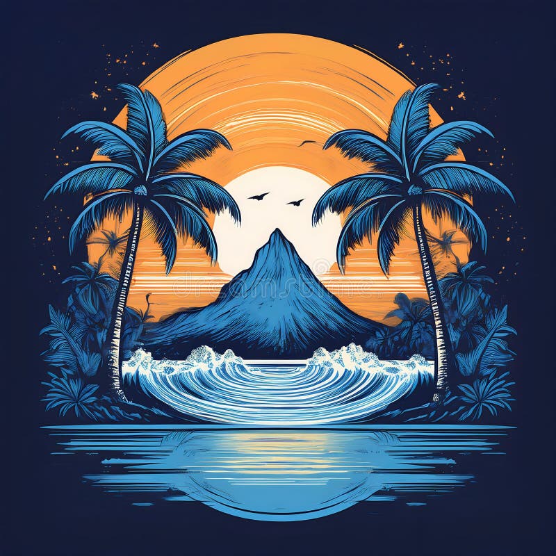 Blue Illustrated Beach Paradise Tshirt Stock Illustration ...