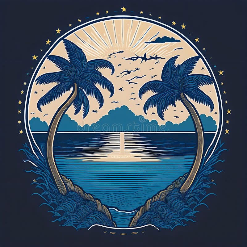 Blue Illustrated Beach Paradise Tshirt Stock Illustration ...