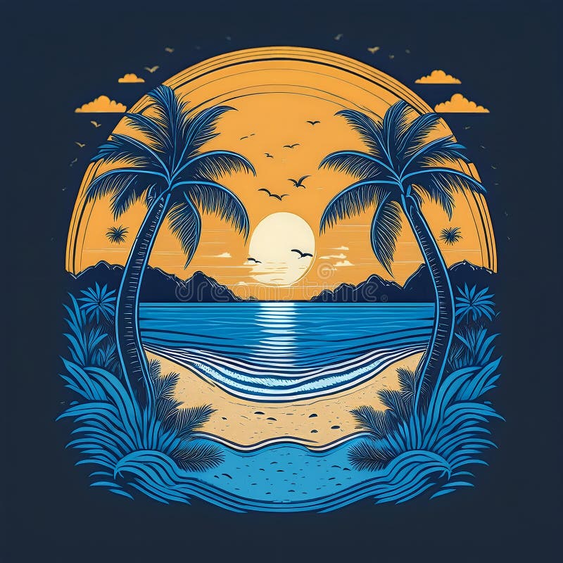 Blue Illustrated Beach Paradise Tshirt Stock Illustration ...