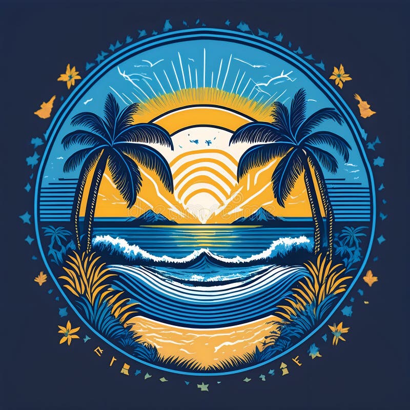 Blue Illustrated Beach Paradise Tshirt Stock Illustration ...