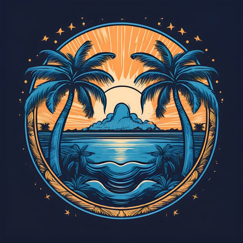 Blue Illustrated Beach Paradise Tshirt Stock Illustration ...