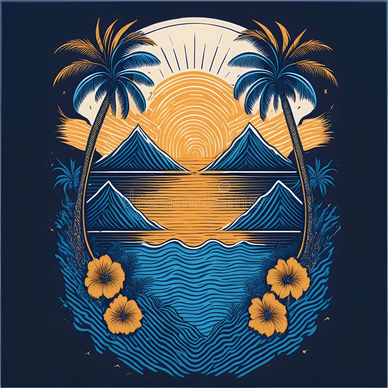 Blue Illustrated Beach Paradise Tshirt Stock Illustration ...
