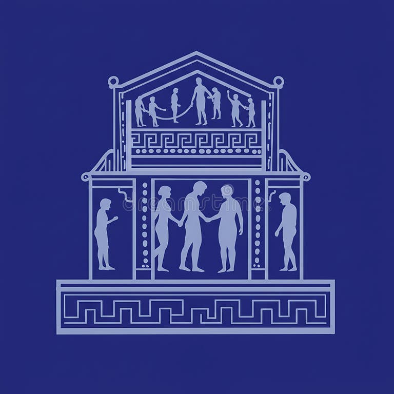 A Blue Illustration Features a Stylized Greek or Roman Temple with ...