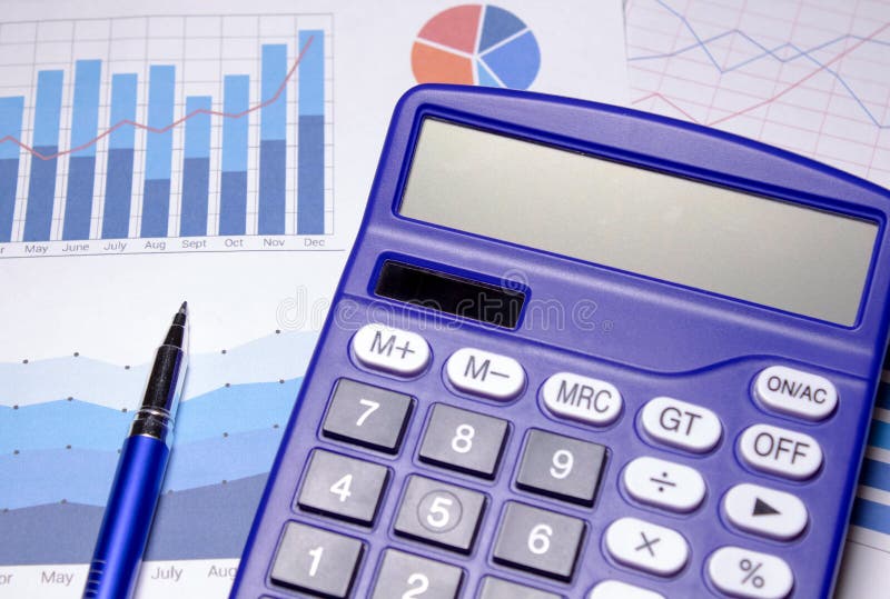 Blue Image with Calculator and Metal Pen Stock Image - Image of growth ...