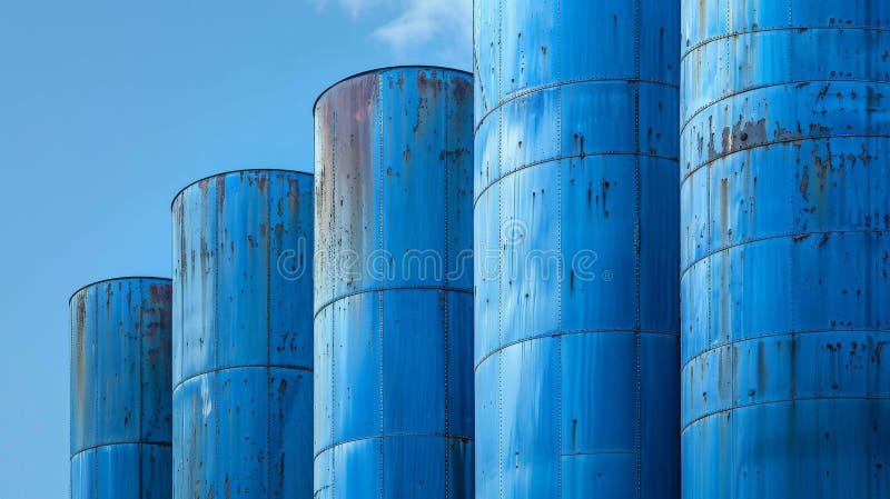Blue Industrial Barrels with Rust, Outdoor Storage Under Clear Sky ...