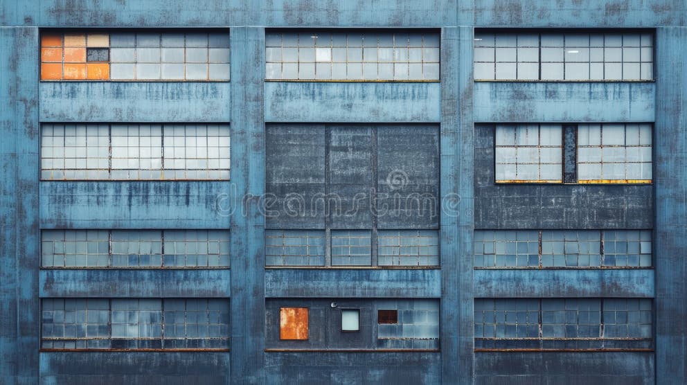 Blue Industrial Building Facade with Rusted Windows and Texture Stock ...