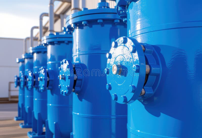 Blue Industrial Tanks Lined Up in a Modern Facility for Storage and ...