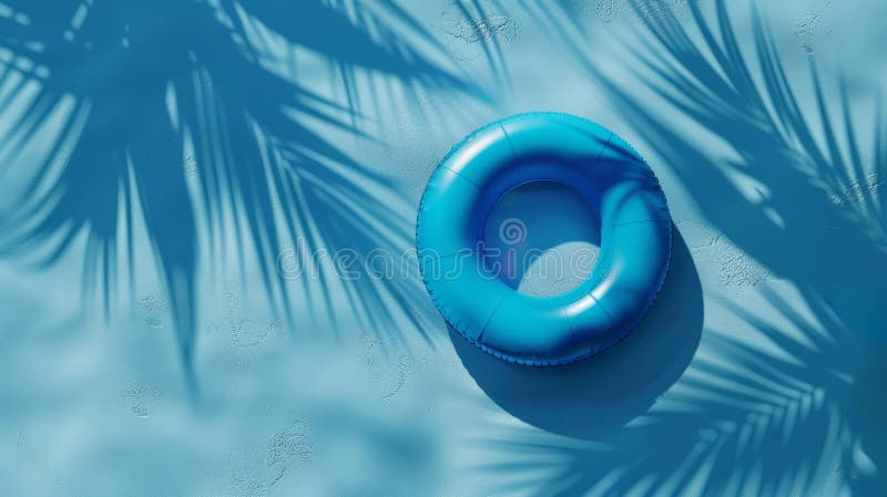Blue Inflatable Pool Ring in Water with Palm Tree Shadows. Summer ...