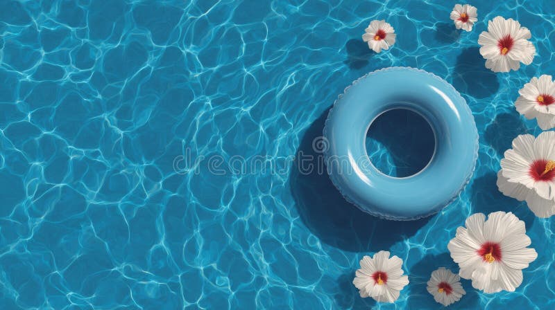 Blue Inflatable Ring in a Pool with White Hibiscus Flowers Stock ...