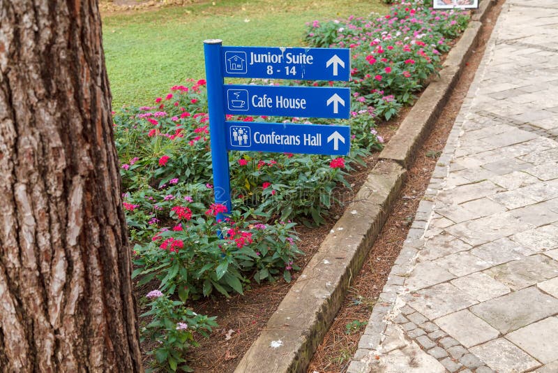 Blue Information Signs on the Direction of the Park Area in the Hotel ...