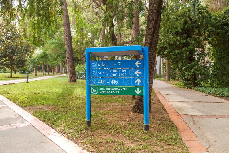 Blue Information Signs on the Direction of the Park Area in the Hotel ...