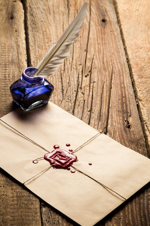 Blue Ink with Feather on Old Vintage Letter Stock Image - Image of ...