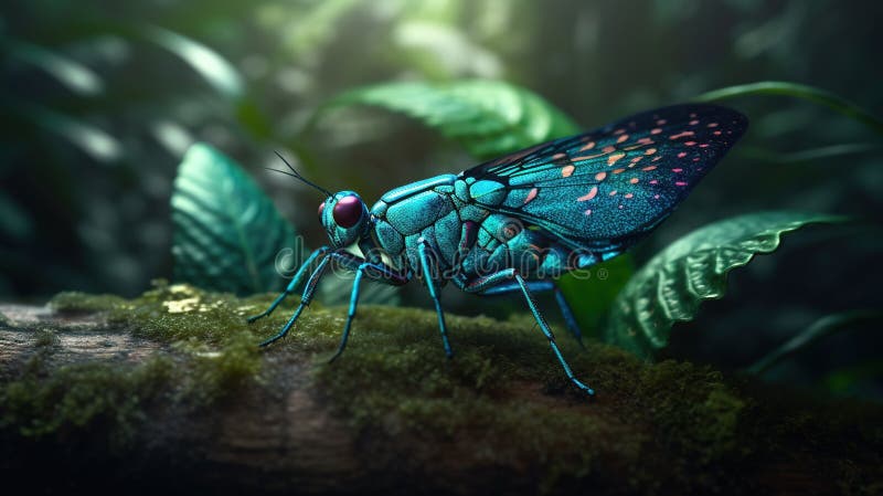 A Blue Insect Sitting on Top of a Green Leaf Covered Ground Stock ...