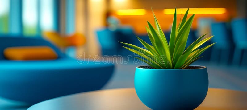 Blue Interior Design, Office Lobby with Green Houseplant, Modern ...