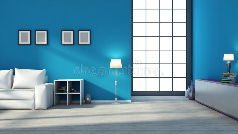 Blue Interior with Large Window Stock Illustration - Illustration of ...