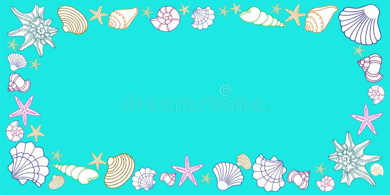 Blue Iridescent Postcard, a Border of Starfish and Shells Stock Vector ...