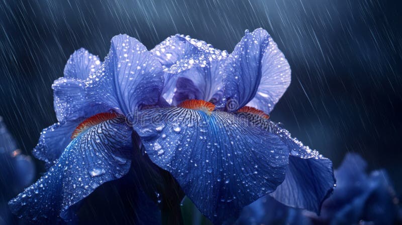 A Blue Iris Blossom in the Rain Stock Illustration - Illustration of ...