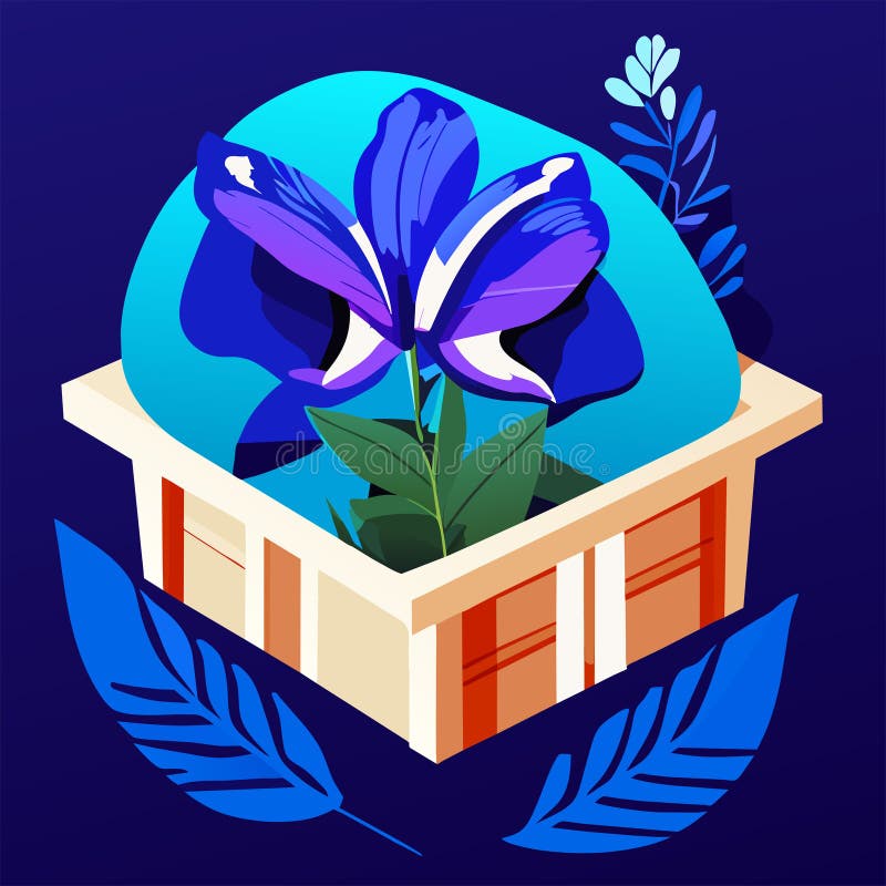 Blue Iris Flower in a Box. Vector Illustration in Cartoon Style Stock ...