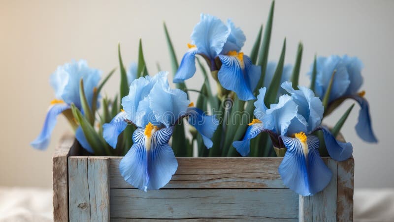 Blue Iris Flowers Arranged in a Wooden Box Stock Photo - Image of ...